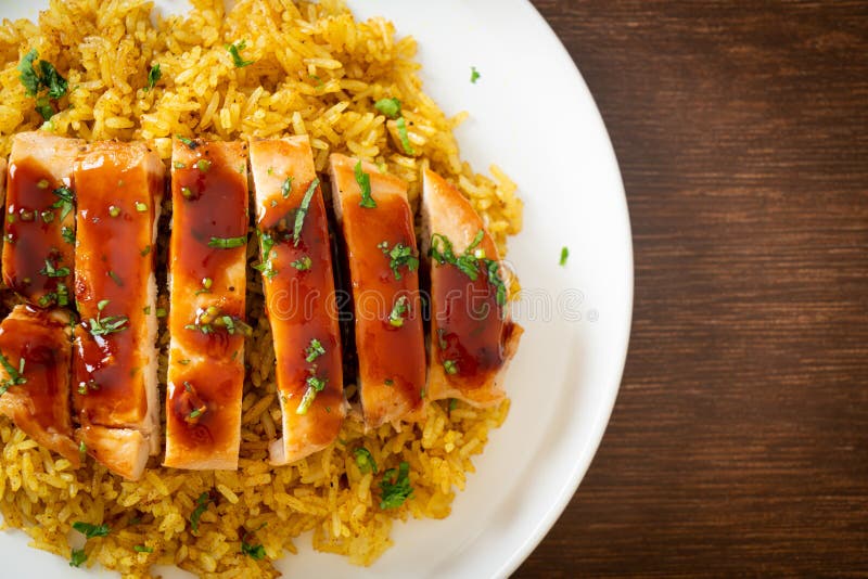Grilled Sweet and Chilli Chicken with Curry Rice Stock Photo - Image of ...