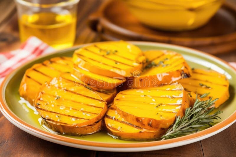 Grilled Sweet Potatoes Sliced on a Yellow Platter Stock Image - Image ...