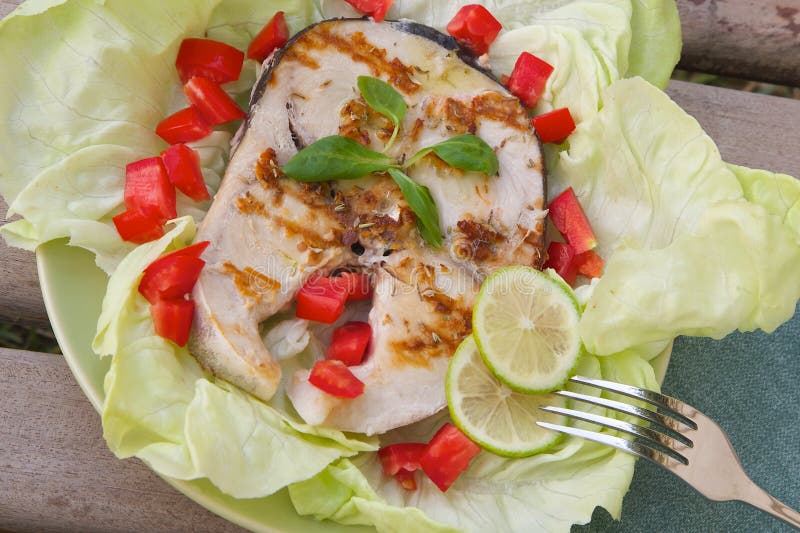 Grilled Swordfish with Fresh Vegetables Stock Image - Image of fish ...