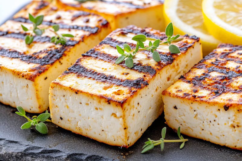 Grilled Tofu Cheese Blocks with Lemon and Thyme on Black Slate Platter ...