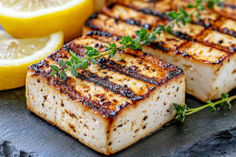Grilled Tofu Cheese Blocks with Lemon and Thyme on Black Slate Platter ...