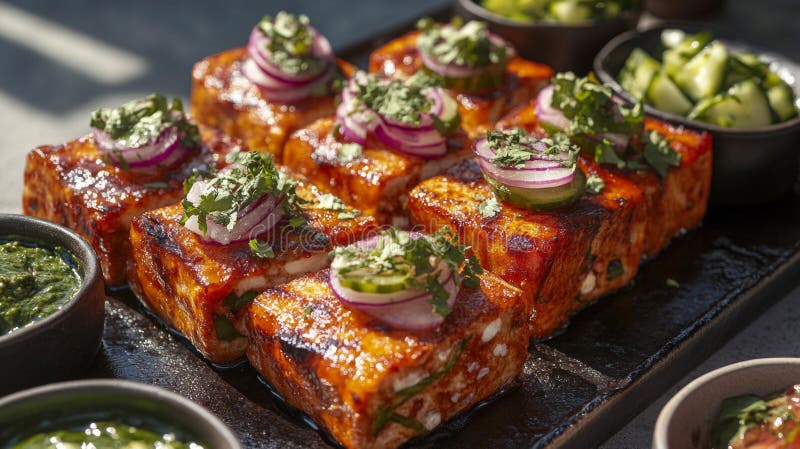 Grilled Tofu Cubes with Red Onion and Cilantro Stock Illustration ...