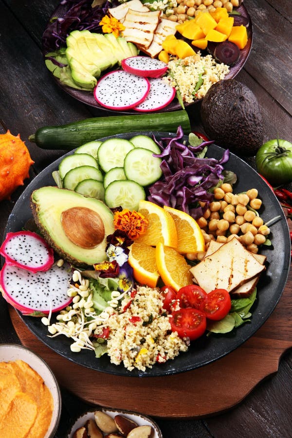 Grilled Tofu and Dragon Fruit Buddha Bowl with Vegetable and Humus ...