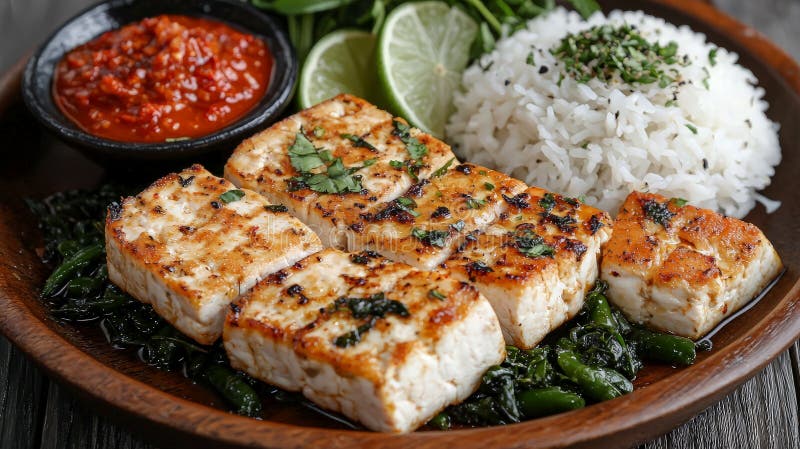 Grilled Tofu with Rice and Greens Stock Image - Image of restaurant ...