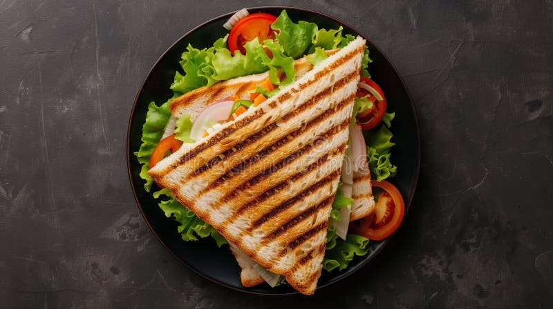 A Grilled Triangular Sandwich with Lettuce and Tomato on a Black Plate ...