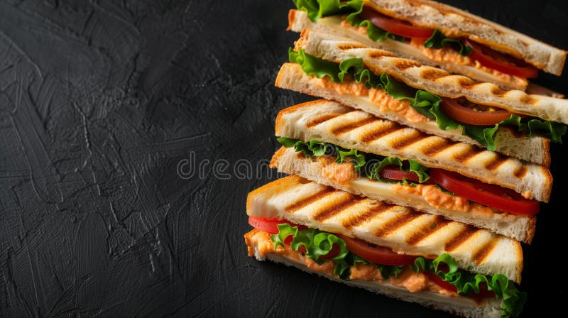 Grilled Triangular Sandwiches with Lettuce and Tomato Stacked on a Dark ...
