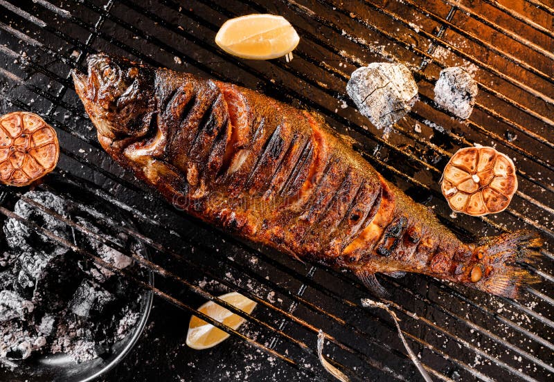 Grilled Trout Fish Over the Coals on a Barbecue, Dark Background with ...