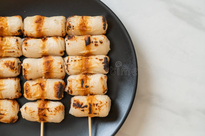 Grilled Tube Shaped Fish Paste Cake Skewe or Tube Squid Skewer Stock ...
