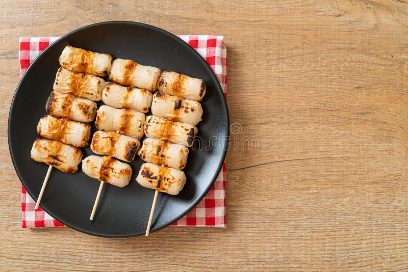 Grilled Tube Shaped Fish Paste Cake Skewe or Tube Squid Skewer Stock ...
