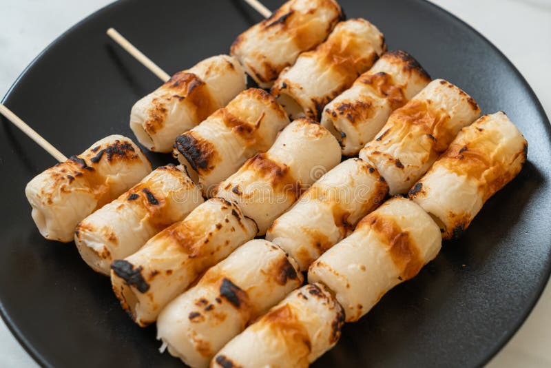 Grilled Tube Shaped Fish Paste Cake Skewe or Tube Squid Skewer Stock ...