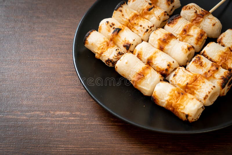 Grilled Tube Shaped Fish Paste Cake Skewe or Tube Squid Skewer Stock ...