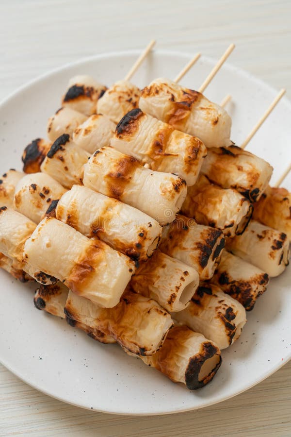 Grilled Tube Shaped Fish Paste Cake Skewe or Tube Squid Skewer Stock ...