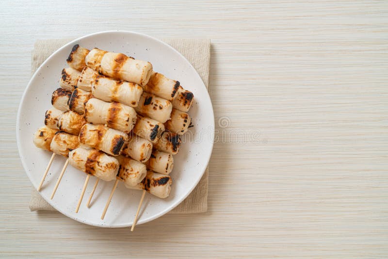 Grilled Tube Shaped Fish Paste Cake Skewe or Tube Squid Skewer Stock ...