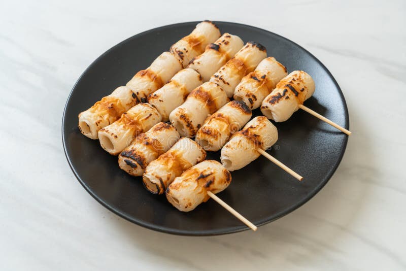 Grilled Tube Shaped Fish Paste Cake Skewe or Tube Squid Skewer Stock ...