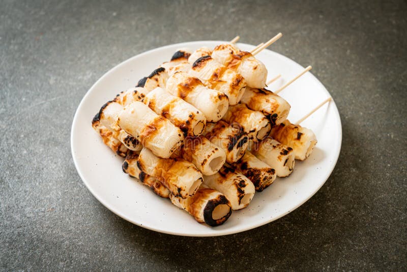 Grilled Tube Shaped Fish Paste Cake Skewe or Tube Squid Skewer Stock ...