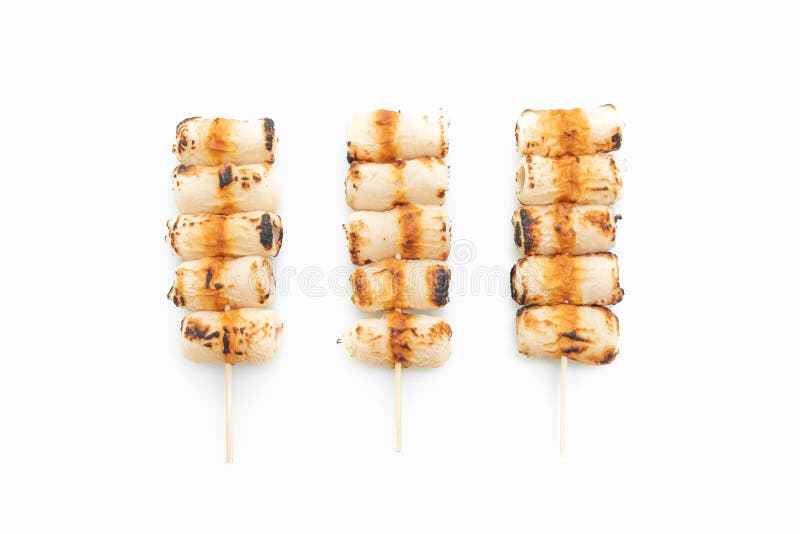 Grilled Tube Shaped Fish Paste Cake Skewe or Tube Squid Skewer Stock ...