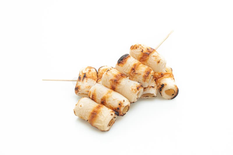 Grilled Tube Shaped Fish Paste Cake Skewe or Tube Squid Skewer Stock ...