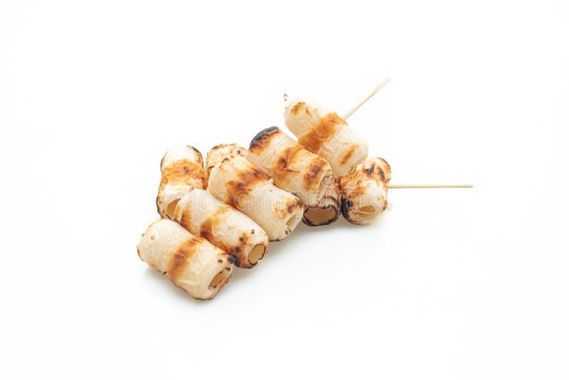 Grilled Tube Shaped Fish Paste Cake Skewe or Tube Squid Skewer Stock ...