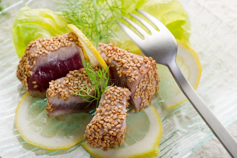 Seared Yellow Fin Tuna with Sesame Seeds Sweet Fri Stock Image - Image ...