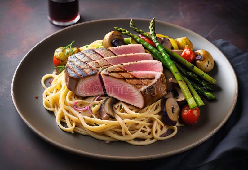 Grilled Tuna Steak with Pasta and Vegetable Stock Illustration ...