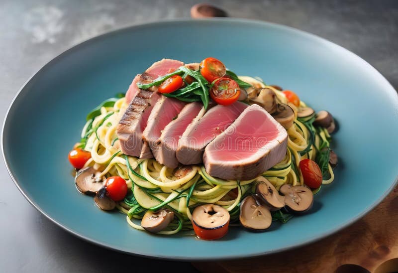 Grilled Tuna Steak with Pasta and Vegetable Stock Illustration ...