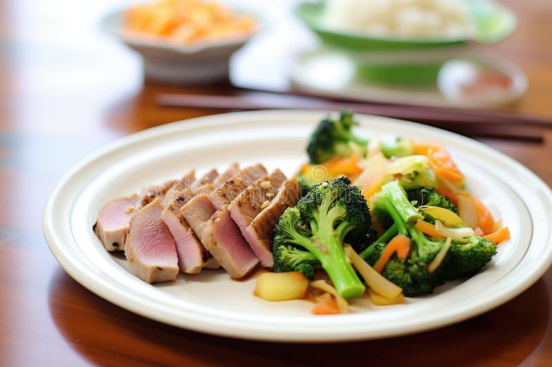 Grilled Tuna Steak with Steamed Vegetables on Bamboo Mat Stock Photo ...