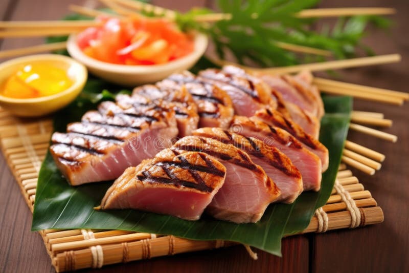 Grilled Tuna Steaks Served on a Bamboo Mat Stock Photo - Image of ...