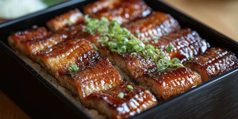 Grilled Unagi Eel on Rice in Black Bento Box Garnished with Green ...