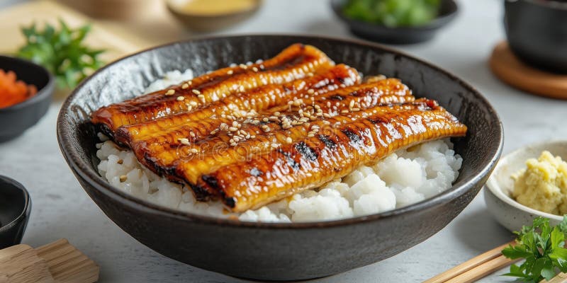 Grilled Unagi Eel on Rice in Bowl with Sesame Seeds and Side Dishes Stock Illustration ...