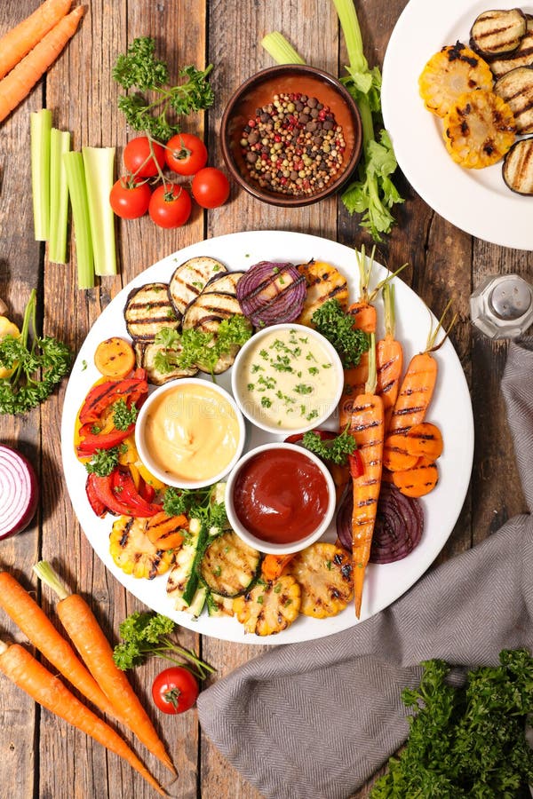 Grilled vegetable and dips stock photo. Image of healthy - 92147862