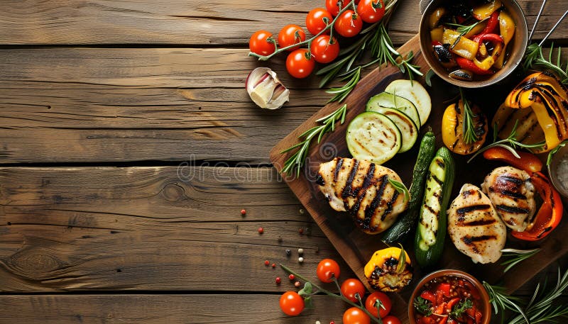 Grilled Vegetables and Chicken on Wooden Table Overhead Shot Stock ...