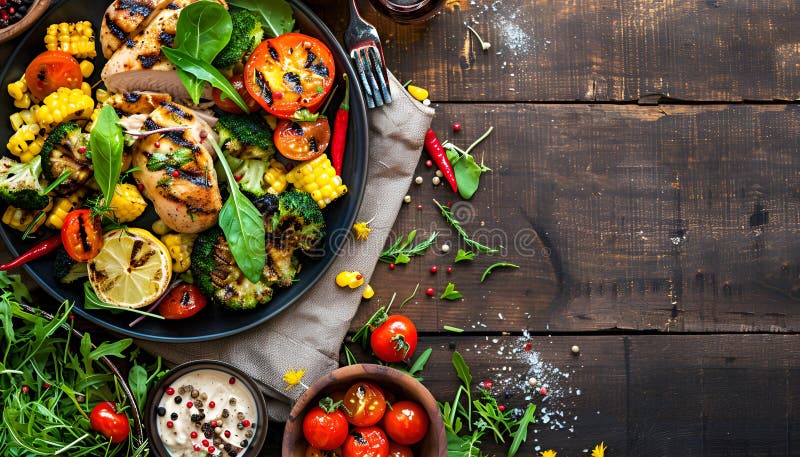 Grilled Vegetables and Chicken on Wooden Table Overhead Shot Stock ...