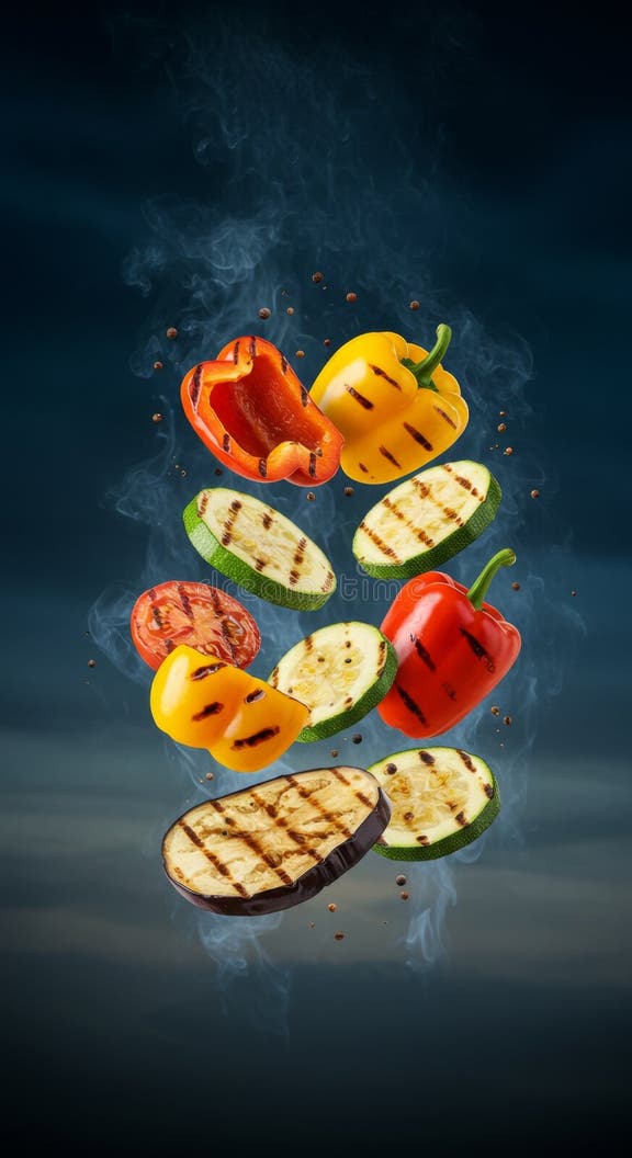 Grilled Vegetables in Levitation, Dark Background Stock Illustration ...