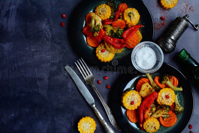 Grilled Vegetables on Plates, Top View. Layout, Copy Space Stock Image ...