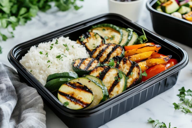 Grilled Vegetables with Rice in Black Container - Fresh Meal Prep Dish ...