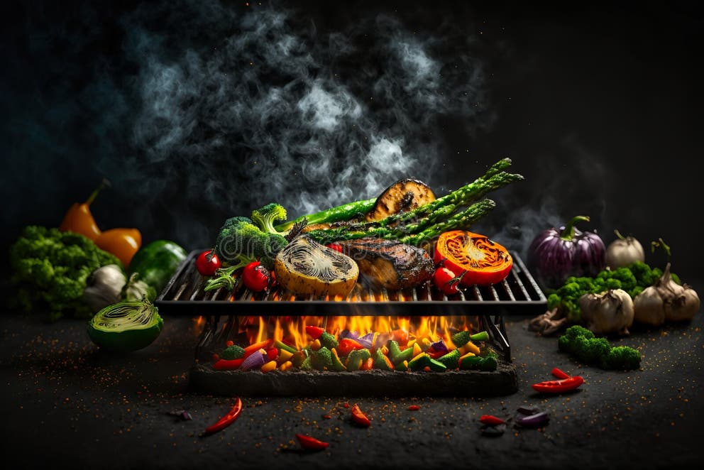 Grilled Vegetables with Smoke and Fire in the Background Stock ...
