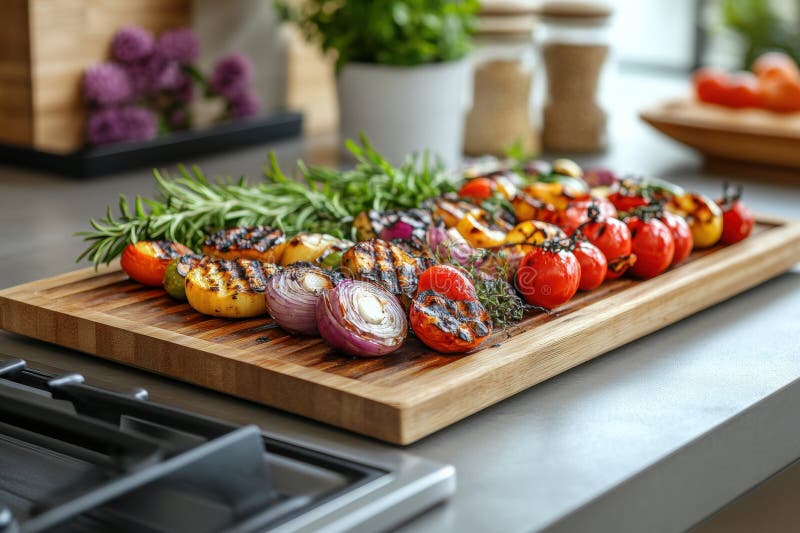 Spring Kitchen Display, Grilled Veggies on a Wooden Platter in a Bright ...