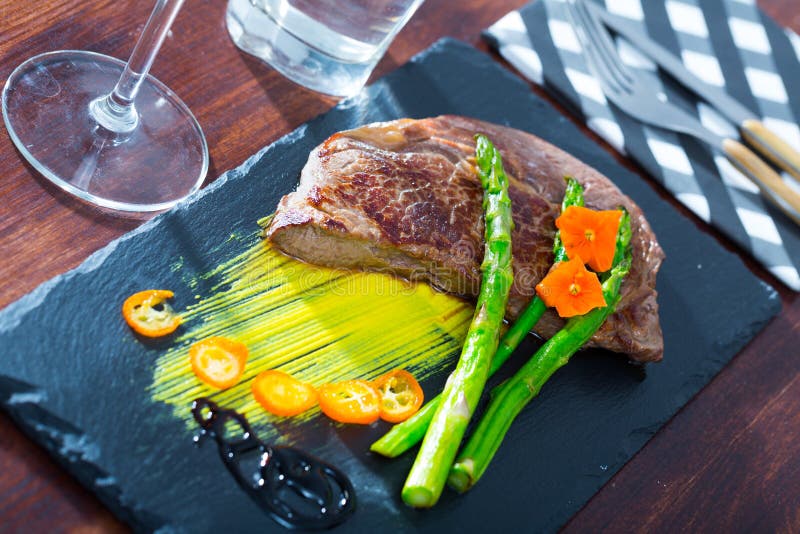 Well Done Beef Steak with Asparagus Stock Image - Image of protein ...