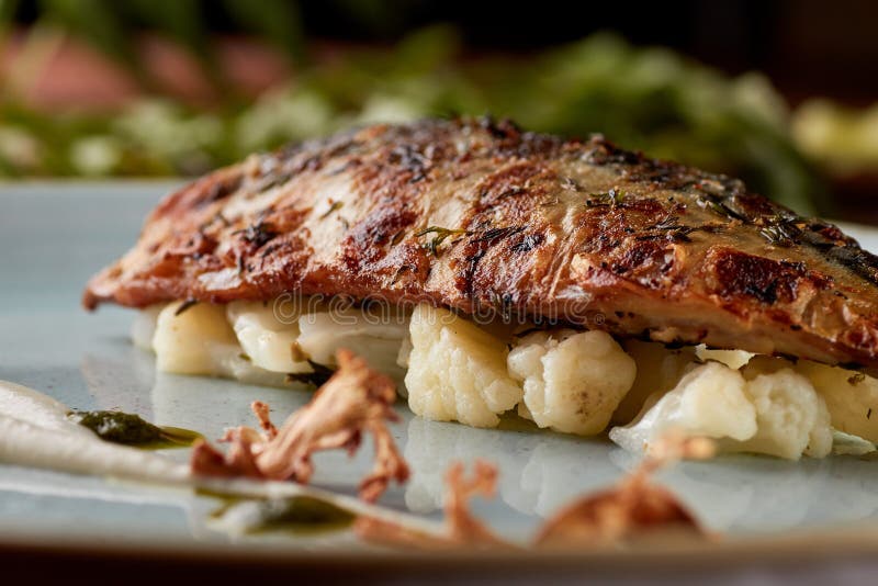 Grilled White Fish Fillet with Roasted Cauliflower Stock Photo - Image ...