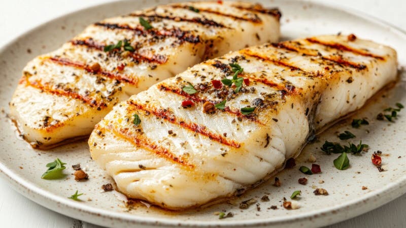 Grilled White Fish Fillets with Herbs and Spices on a Plate Stock ...