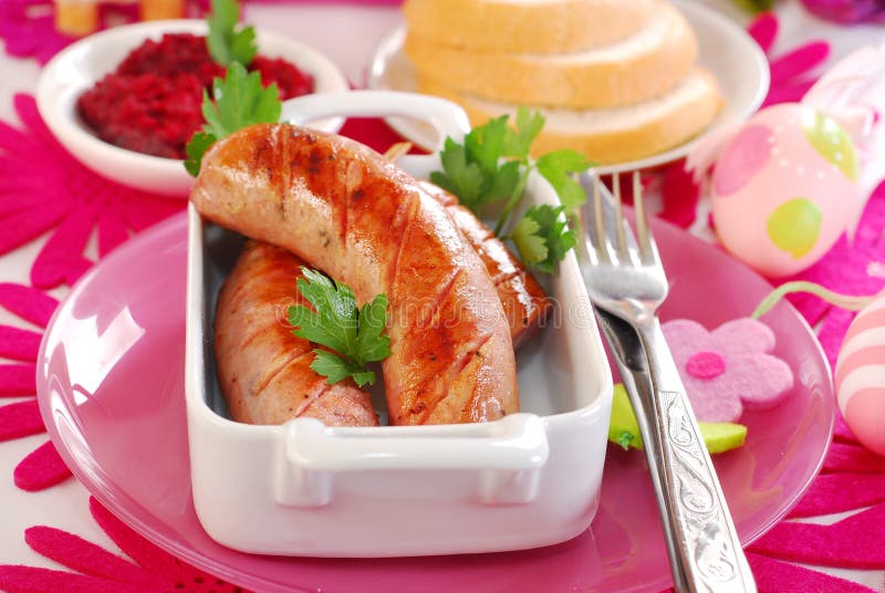 Grilled White Sausage with Beetroot Sauce for Easter Stock Photo ...