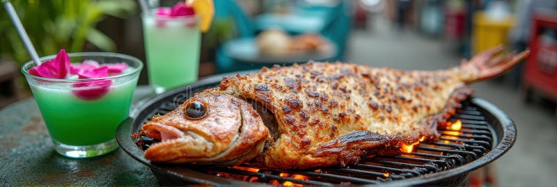 Grilled Whole Fish on Barbecue Grill with Cocktails in Outdoor Setting ...
