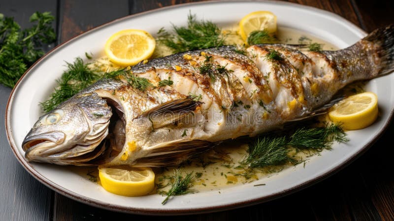 Grilled Whole Fish with Lemon and Dill on White Platter Stock ...