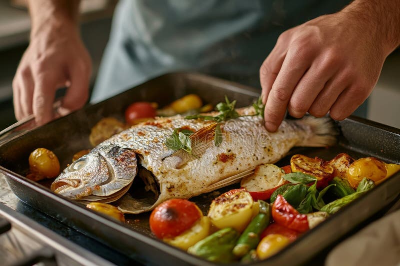 Grilled Whole Fish with Roasted Vegetables Prepared by Male Chef Stock ...