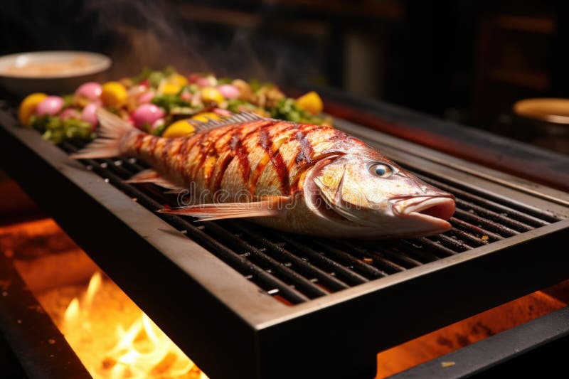 Grilled Whole Fish on Teppanyaki Hot Grille Surface Stock Image - Image ...
