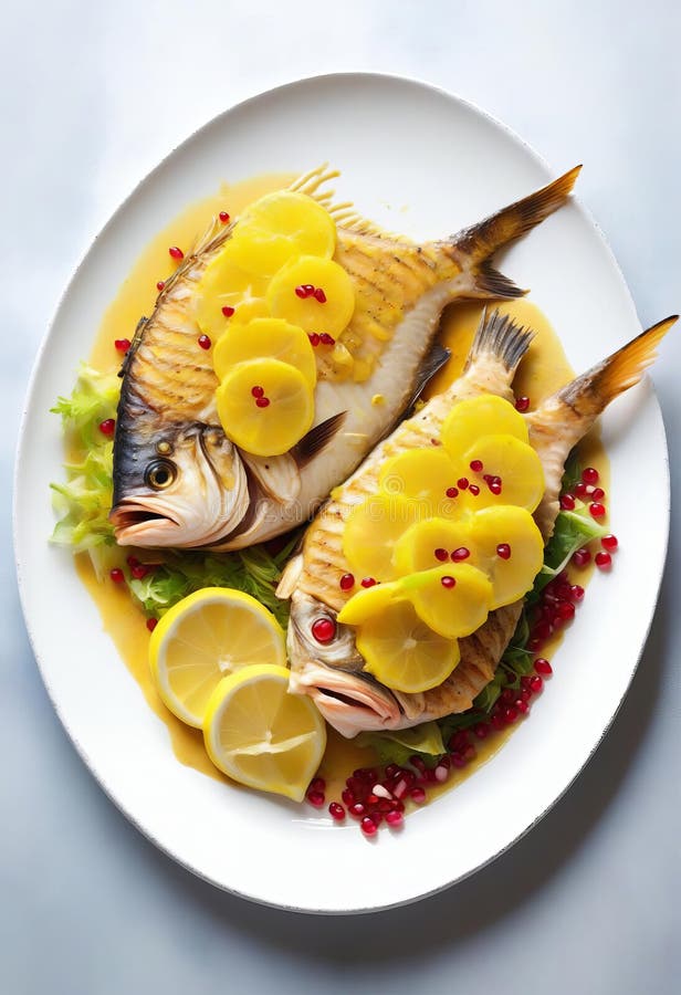 Grilled Whole Fish with Yellow Sauce Stock Illustration - Illustration ...