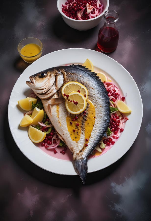 Grilled Whole Fish with Yellow Sauce Stock Illustration - Illustration ...