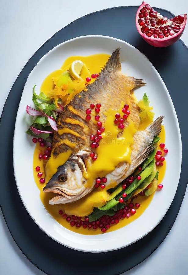 Grilled Whole Fish with Yellow Sauce Stock Illustration - Illustration ...