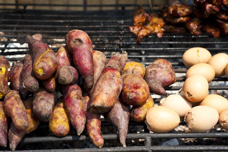 Grilled Yam and Chicken Eggs. Stock Image - Image of culture, native ...