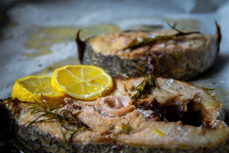 Grilled Yellowtail Amberjack with Lemon Slices. Stock Image - Image of ...